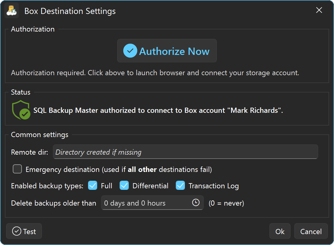 SQL Backup Master - Back up to Box