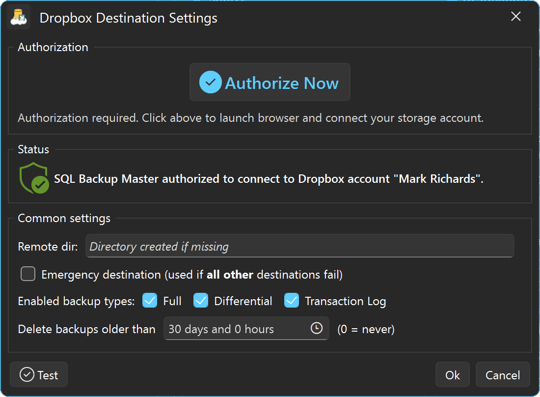 SQL Backup Master - Back up to Dropbox